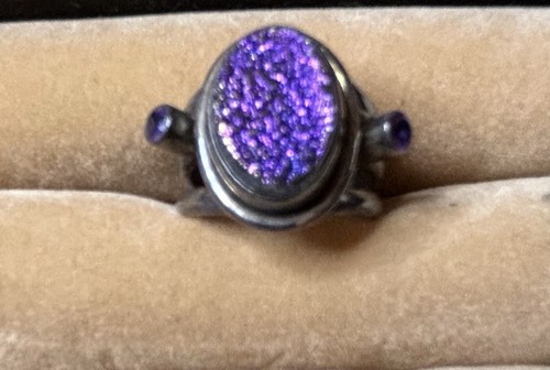 Nicki Butler Vintage Sterling, 925 Oval Druzy Quartz & Amethyst Ring Sz ...