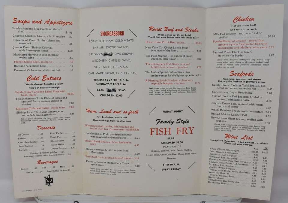 1962 Milwaukee Inn Keeper's Table Restaurant Menu Hotel State Street ...