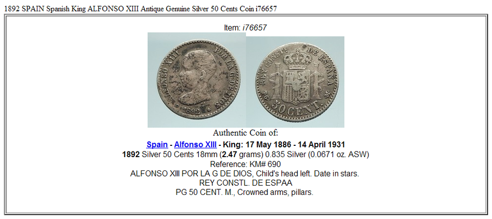 1892 SPAIN Spanish King ALFONSO XIII Antique Genuine Silver 50 Cents ...