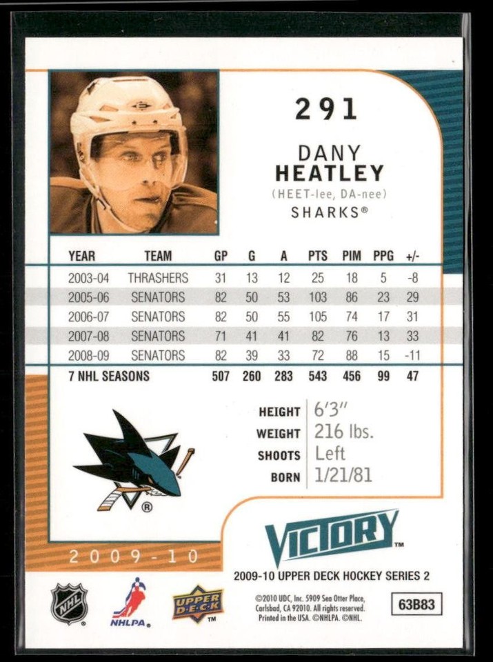 Dany Heatley 2009-10 Upper Deck Victory Update Black #291 San Jose ...