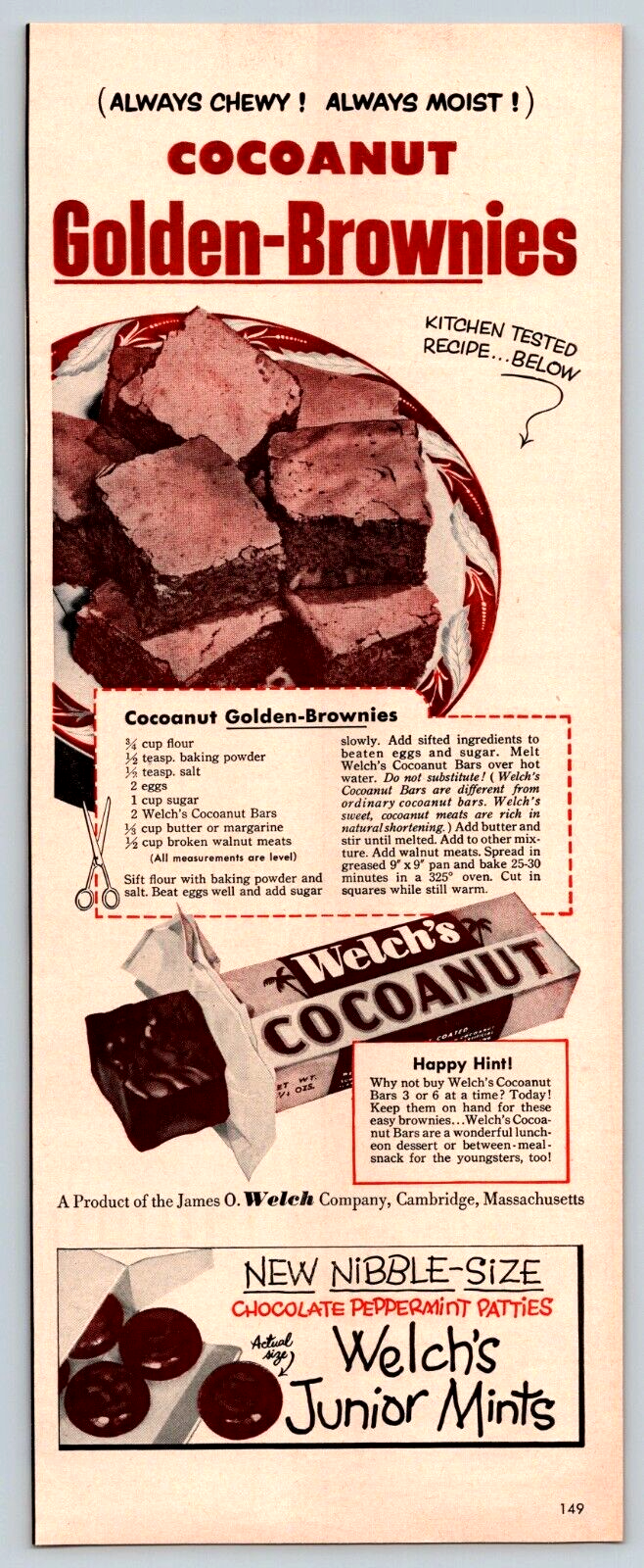 1952 Welch's Cocoanut Chocolate Candy Bars Junior Mints 5"x13.5" Print ...