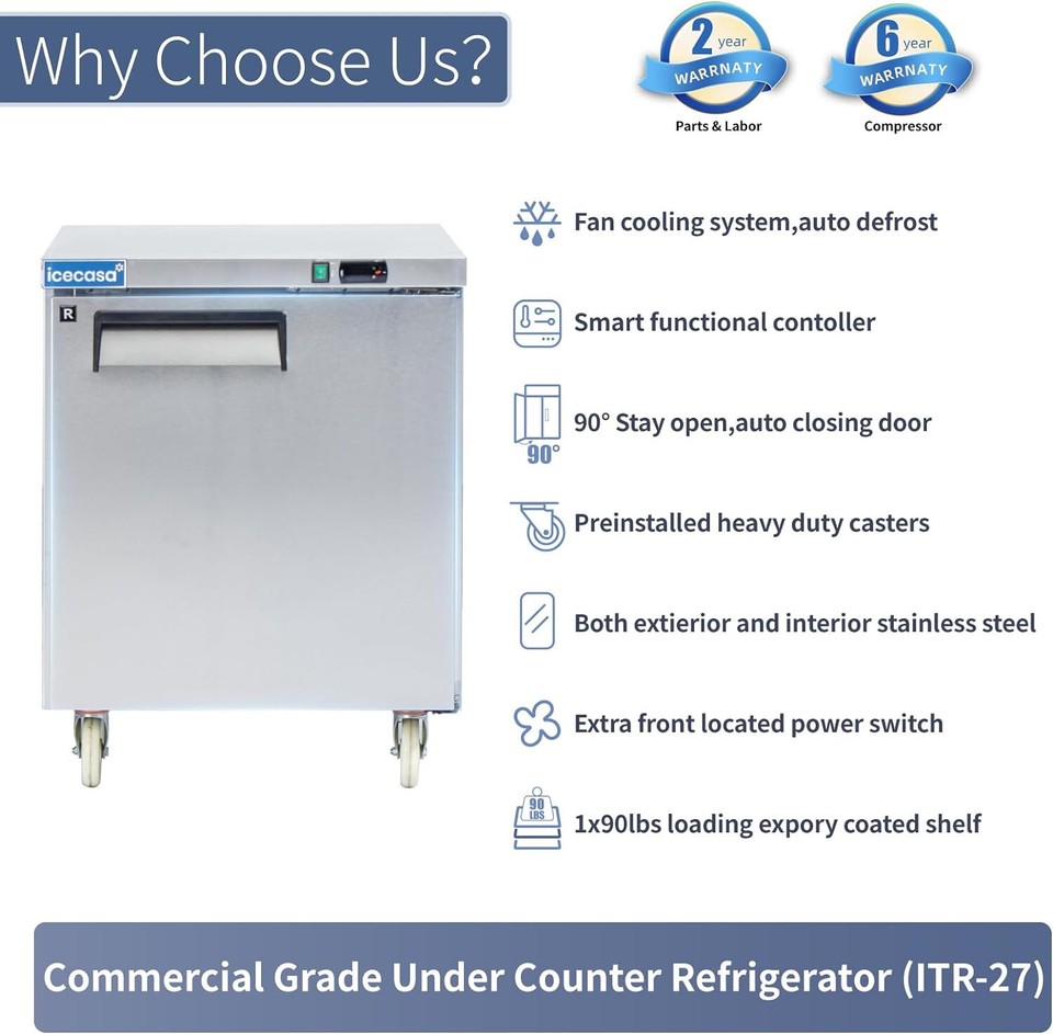 1 Door Undercounter Refrigerator, ICECASA 27" Commercial Lowboy Worktop ...