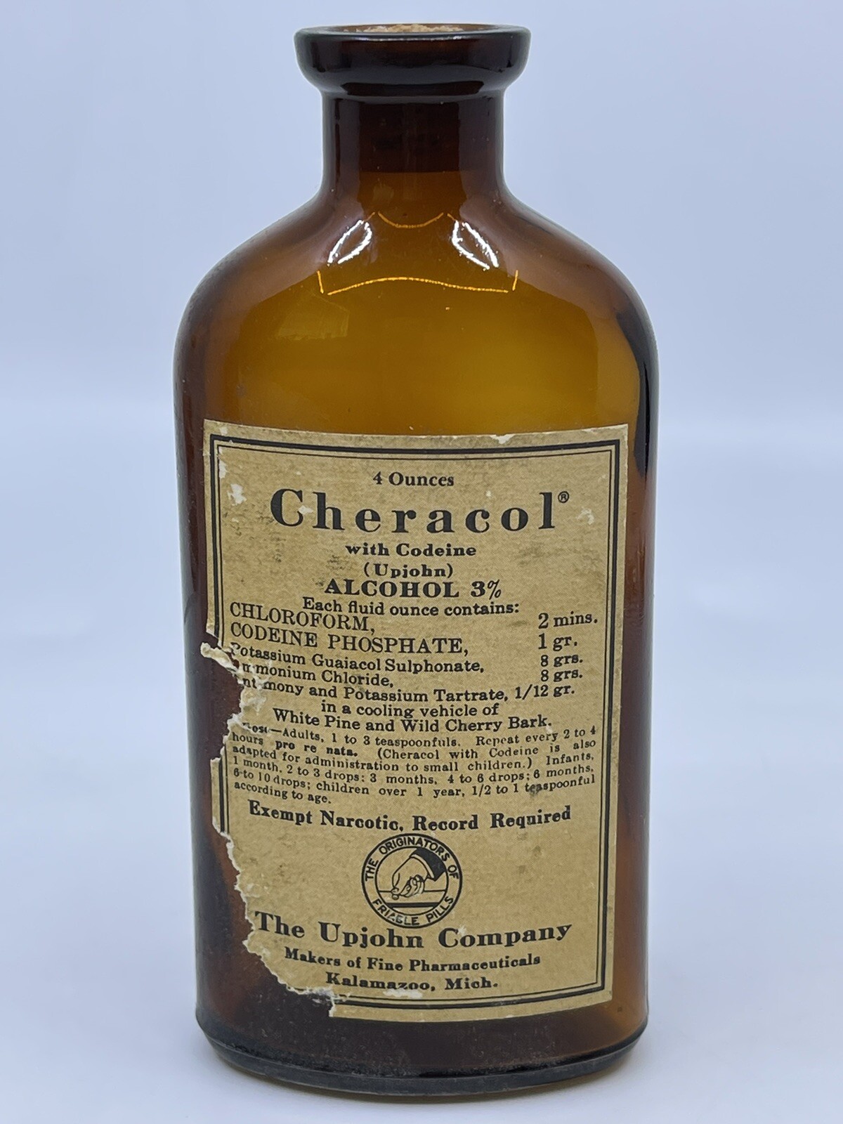 CHERACOL CODEINE UPJOHN Co. Original Empty Bottle 1920s rare label | eBay
