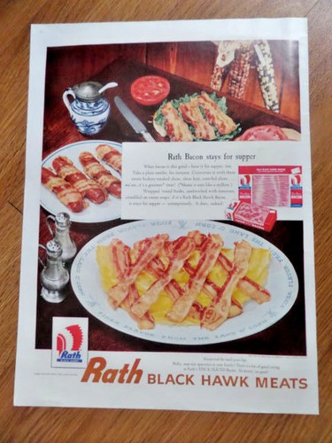 1958 Rath Black Hawk Meats Ad Rath Bacon stays for Supper | eBay
