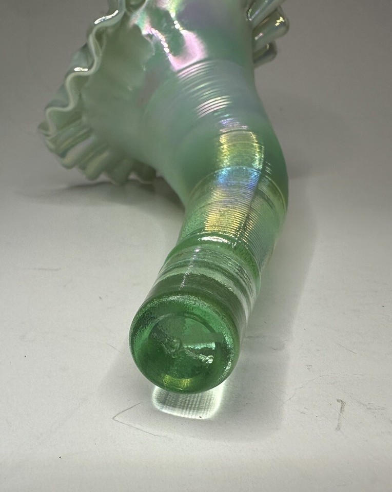 Vtg Fenton Glass Epergne Horn UV Reactive Ribbed Iridescent Sea Mist ...