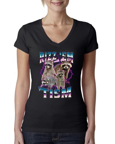 Rizz Em With the Tism Autistic Funny Raccoon Meme Womens Junior Fit V ...