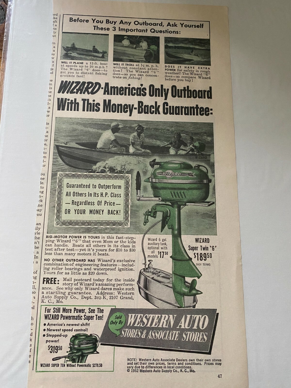 Vintage 1952 Western Auto Wizard Outboard Motor Fishing ad | eBay
