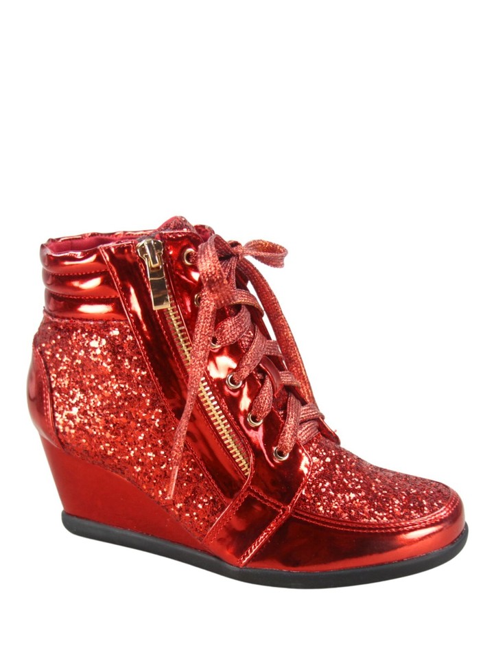 Women's Shiny Patent Glitter Ankle Wedge Lace UP Party Sneaker Booties ...