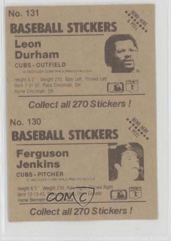 1983 Fleer Baseball Album Stickers Pairs Fergie Jenkins Leon Durham ...