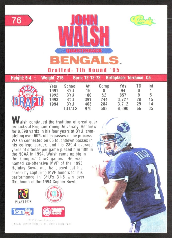 1995 Classic NFL Rookies Silver Foil #76 John Walsh Cincinnati Bengals ...