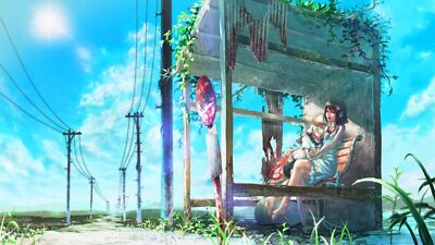 Anime girls bus stop sky sun rays power lines sunlight Playmat Gaming ...