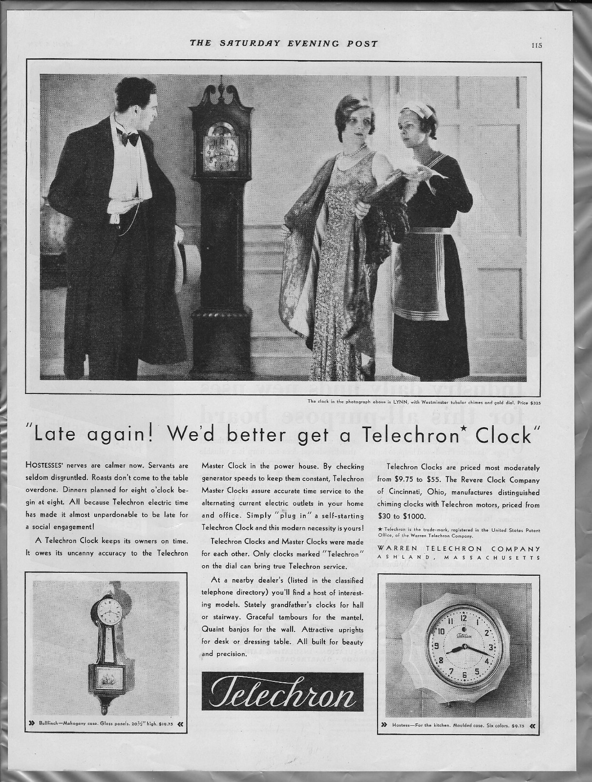 1931 TELECHRON CLOCK advertisement, electric wall clocks, grandfather ...