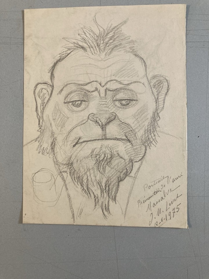 Zeichnung Bleistift Porträt Mann Affe Mit Pfeife Antik 1970 Art Tier ...