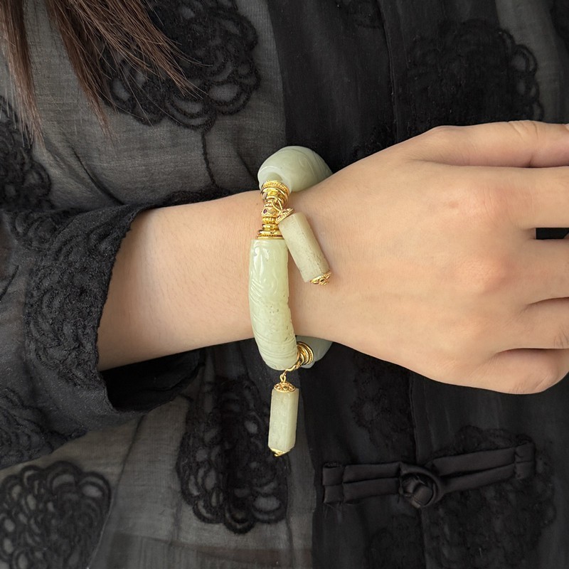 Chinese Han Dynasty Hetian Ancient Jade Cloud Pattern Tubes Beaded ...