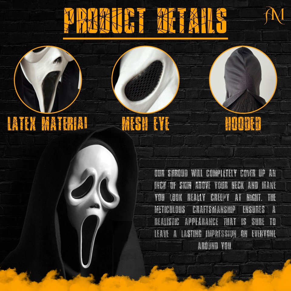 Scream Ghostface Latex Mask with Hood Halloween Horror Costume Scary ...
