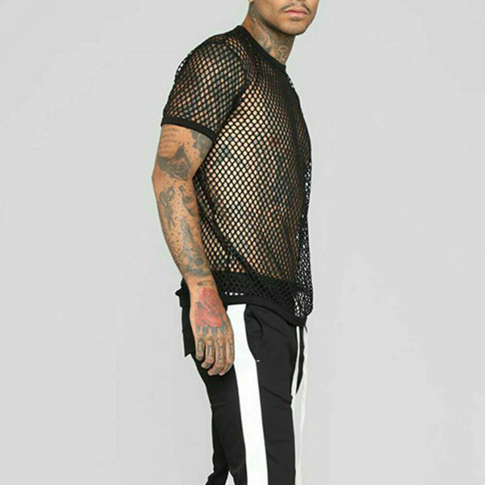 Herren Fischnetz Netz Durchsichtige T-Shirt Gothic Punk Rock Freizeit ...