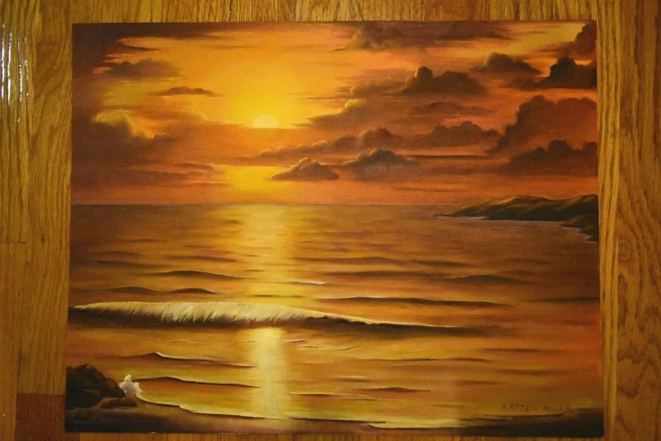 Sunset Oil Painting Original Artist Signed On The Golden Shore 18" x 14 ...