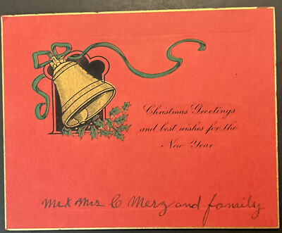 Vintage One Sided Christmas Card Red Card Gold Edging Gold Bell Ribbon ...