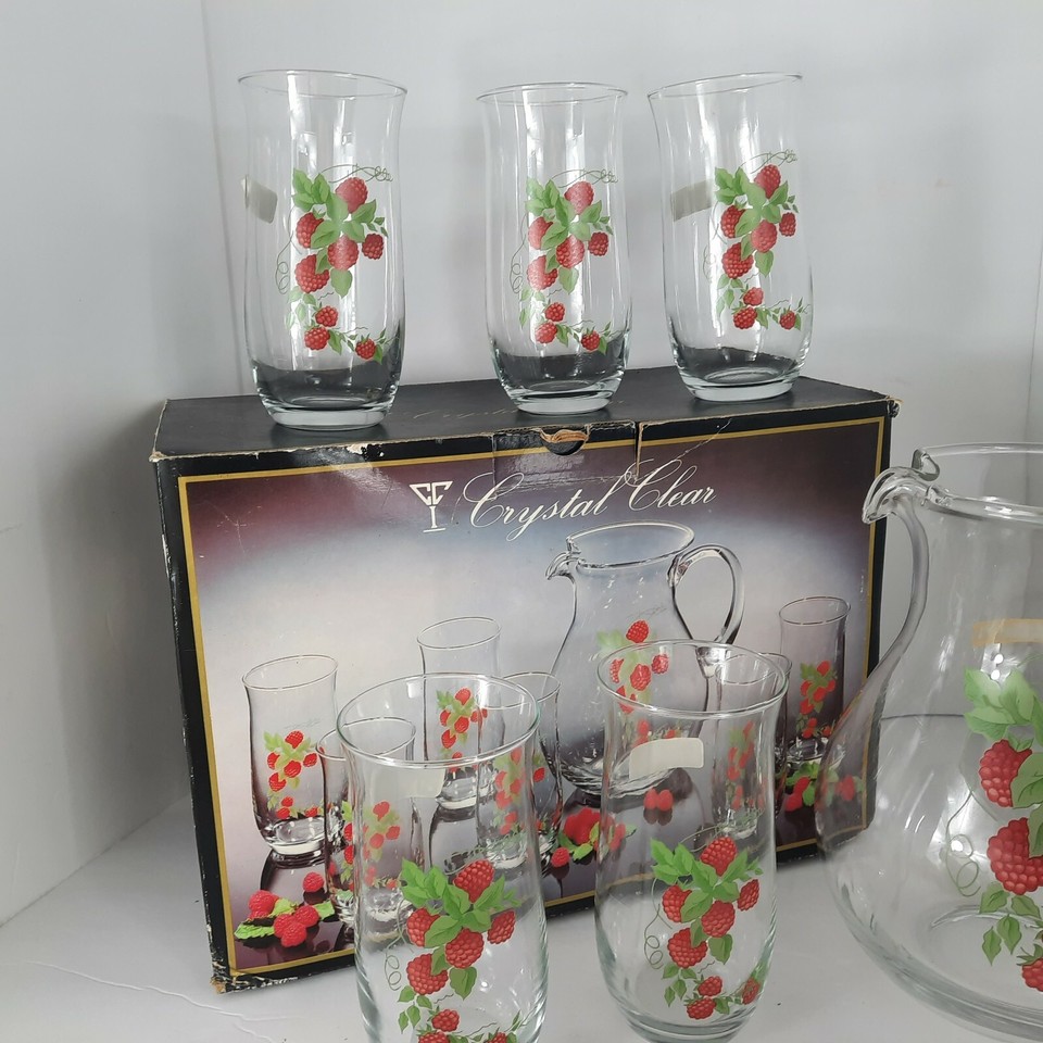 Raspberry Drink Ware Set Pitcher 5 Glasses Crystal Clear Ind. Made In ...