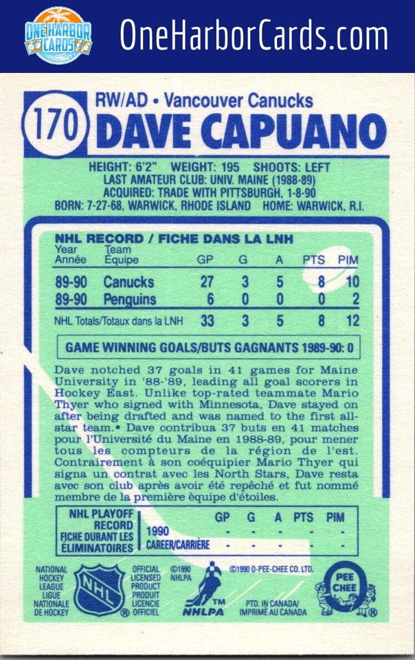 1990 O-Pee-Chee Vancouver Canucks Hockey Card #170 Dave Capuano | eBay