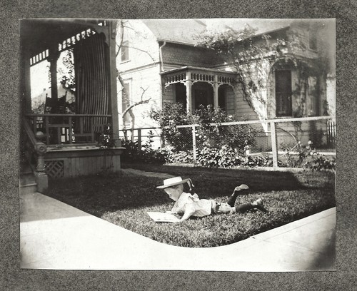 Vintage Old 1900 Photos of Woman at Beach & Little Boy Reading on Lawn ...