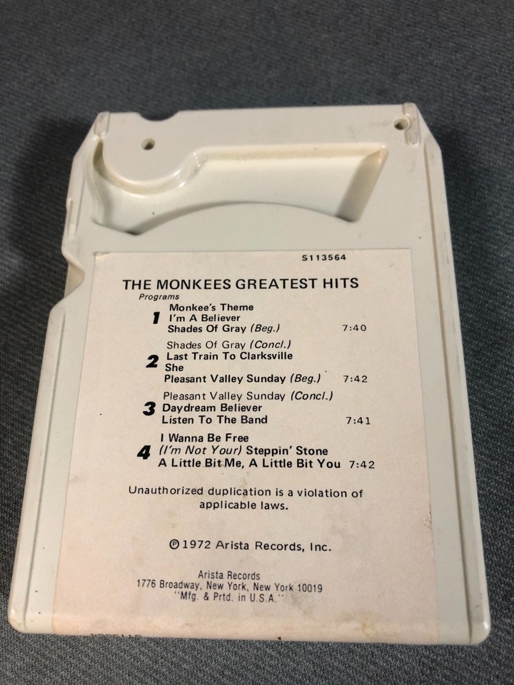 The Monkees Greatest Hits 8 Track Tape Arista 1972 Vintage Cartridge | eBay
