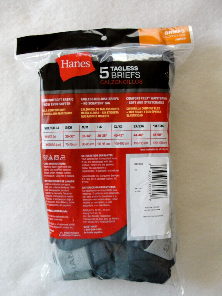 5 Pair Men's Hanes Dark Gray Tagless Mid-Rise Briefs - Size 2XL (44-46 ...