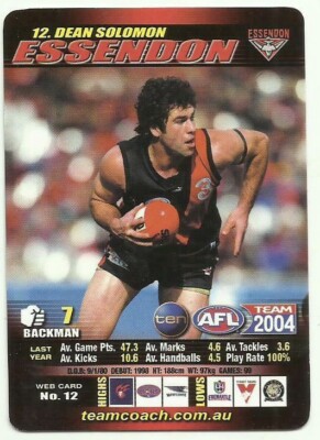 2004 TEAMCOACH ESSENDON DEAN SOLOMON #12 COMMON BASE CARD AFL | eBay ...