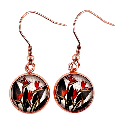 Earrings Bird of Paradise Strelitzia Flowers 16 mm Round Glass Rose ...