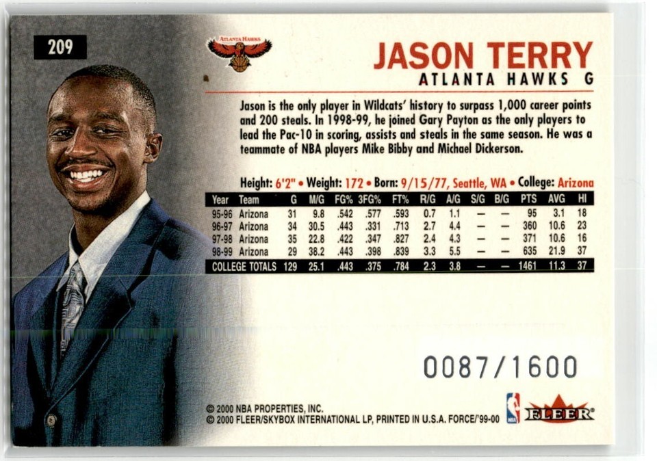 Jason Terry 1999-00 Fleer Force #209 Rookie RC Atlanta Hawks Serial #d ...