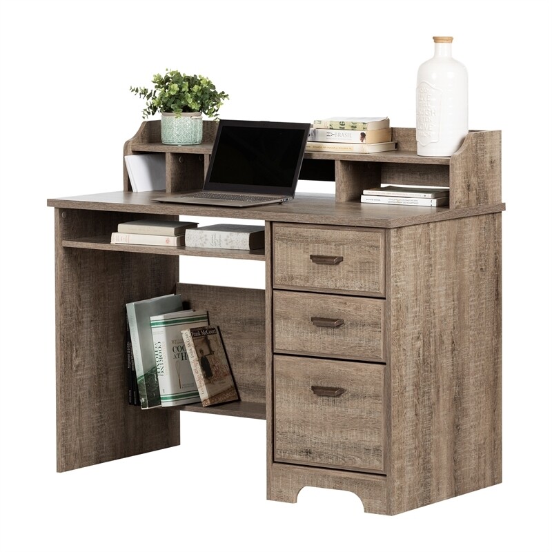 Bowery Hill Wood 3-Drawer Computer Desk with Hutch in Weathered Oak | eBay