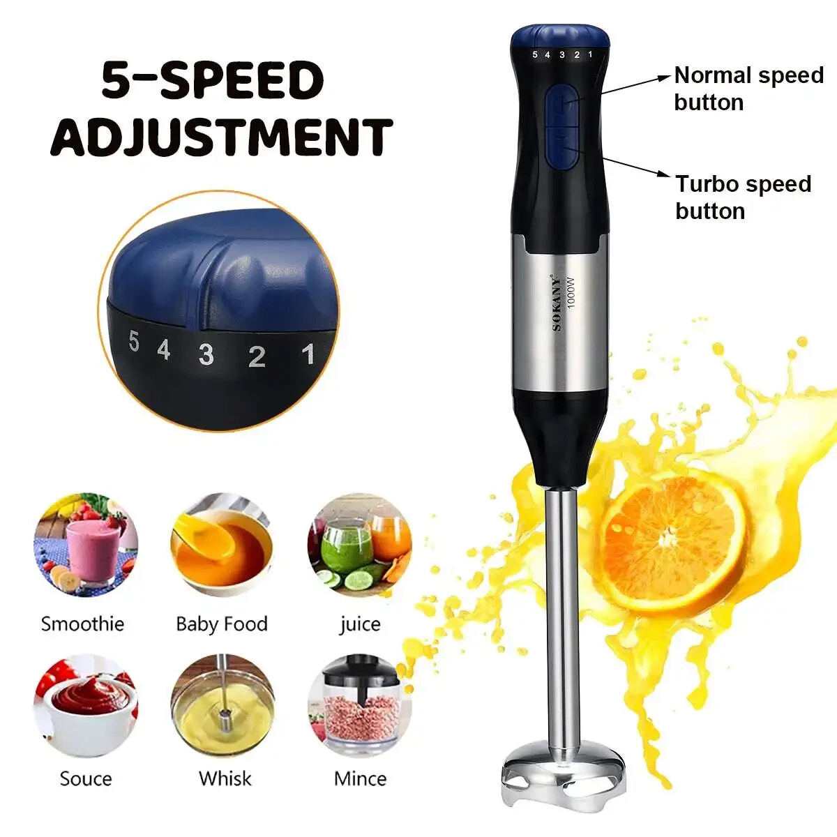 1000W 4 in 1 5 Speed Powerful Hand held Electric Food Blender Mixer ...
