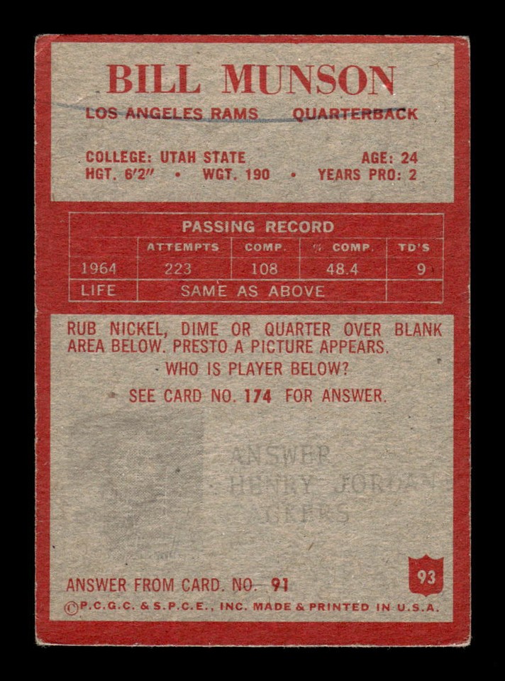 1965 Philadelphia Football #93 Bill Munson RC Los Angeles Rams | eBay