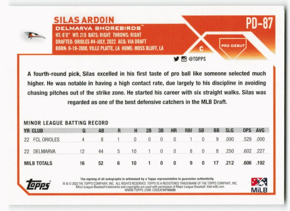 2023 Silas Ardoin Topps Pro Debut Rookie Auto - Baltimore Orioles | eBay