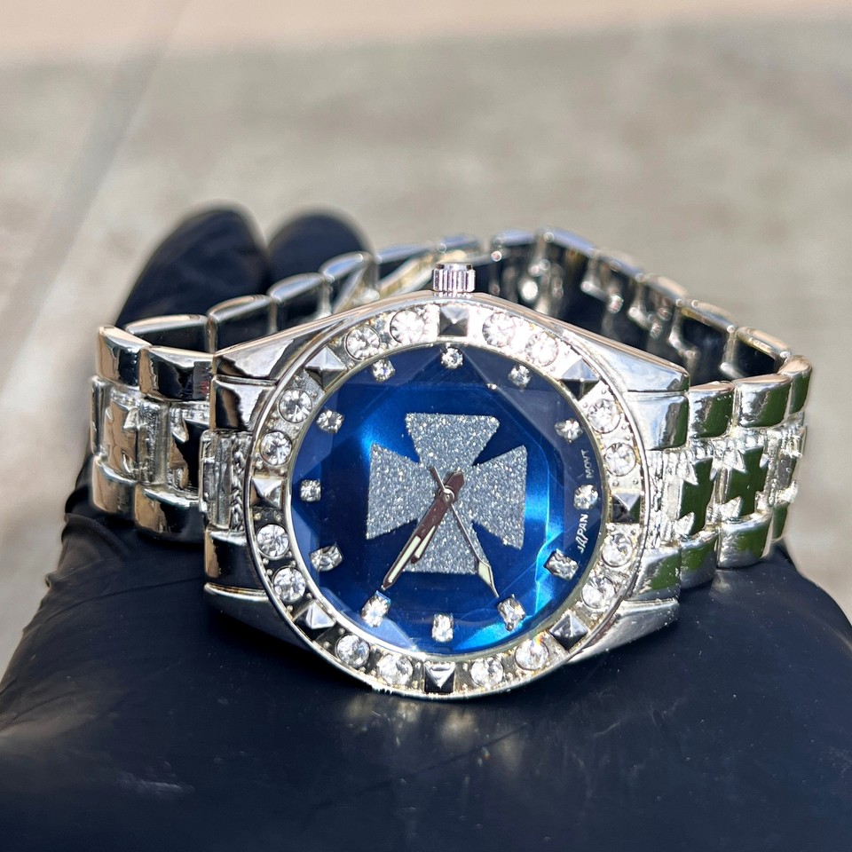 Mens Knights Templar Iron Celtic Maltese Cross Blue Watch CZ Silver ...