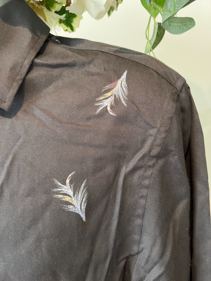 TED BAKER Shirt Mens TB 3 UK M Black Feather Print Long Sleeve Regular ...