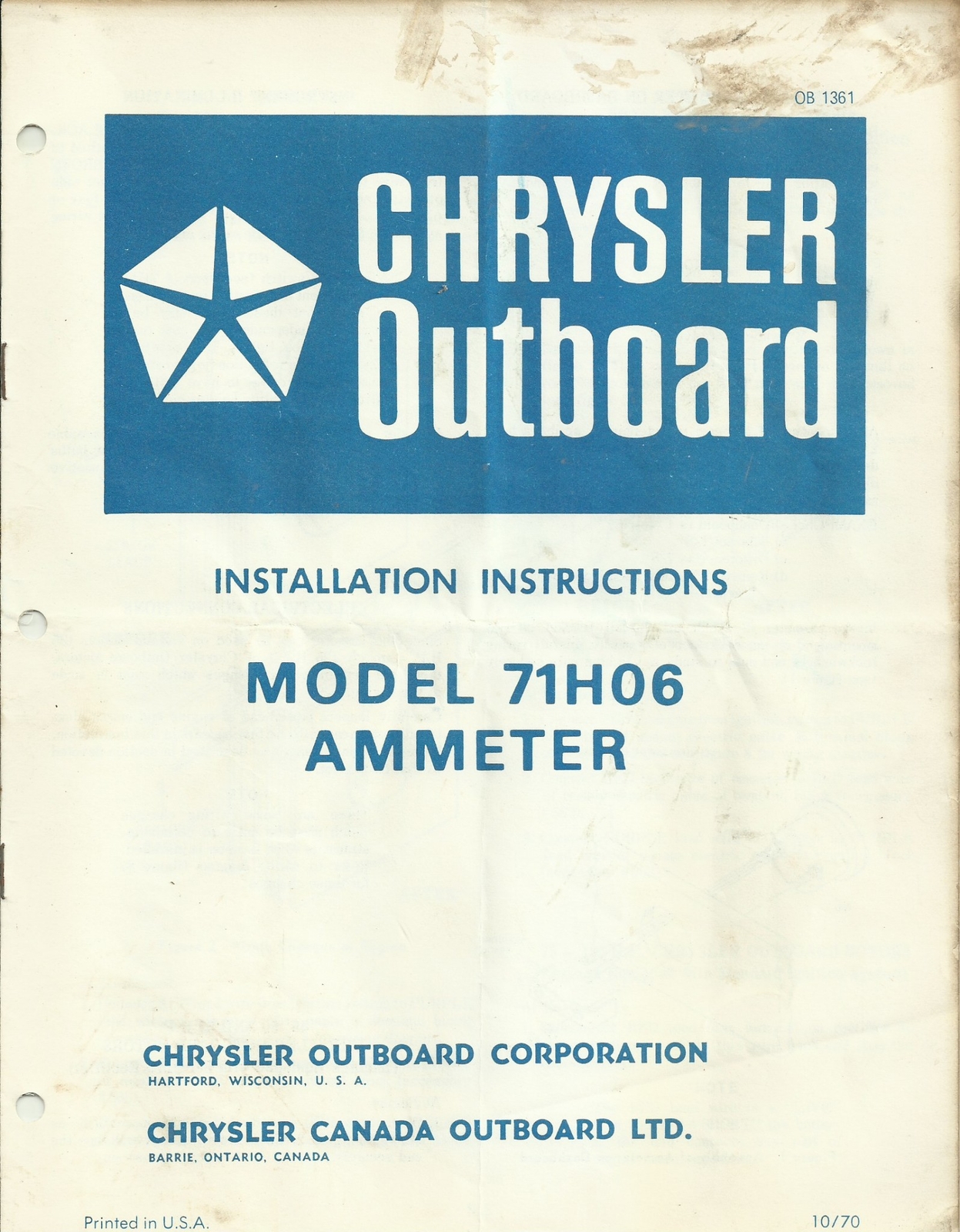 CHRYSLER OUTBOARD MODEL 71H06 AMMETER INSTALLATION INSTRUCTIONS P/N ...