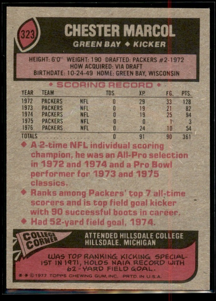 1977 Topps Chester Marcol Green Bay Packers #323 | eBay