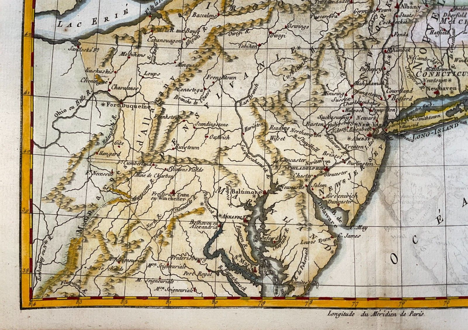 NORTHEAST UNITED STATES 1780 RIGOBERT BONNE ANTIQUE ENGRAVED MAP 18TH ...