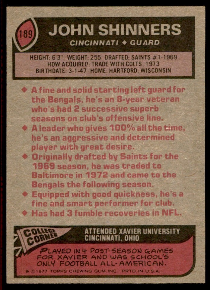 1977 Topps John Shinners Rookie Football Card Cincinnati Bengals #189 ...