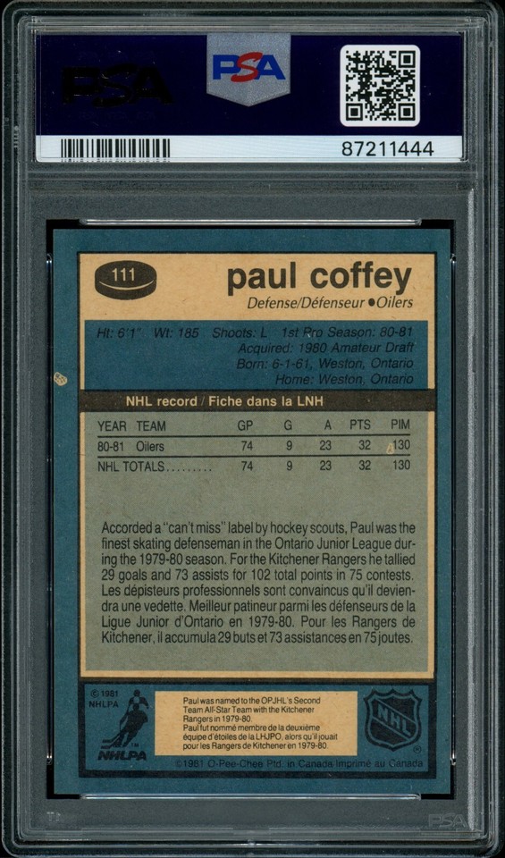 1981 O-Pee-Chee OPC Hockey #111 Paul Coffey RC ROOKIE PSA 8 NM-MT | eBay