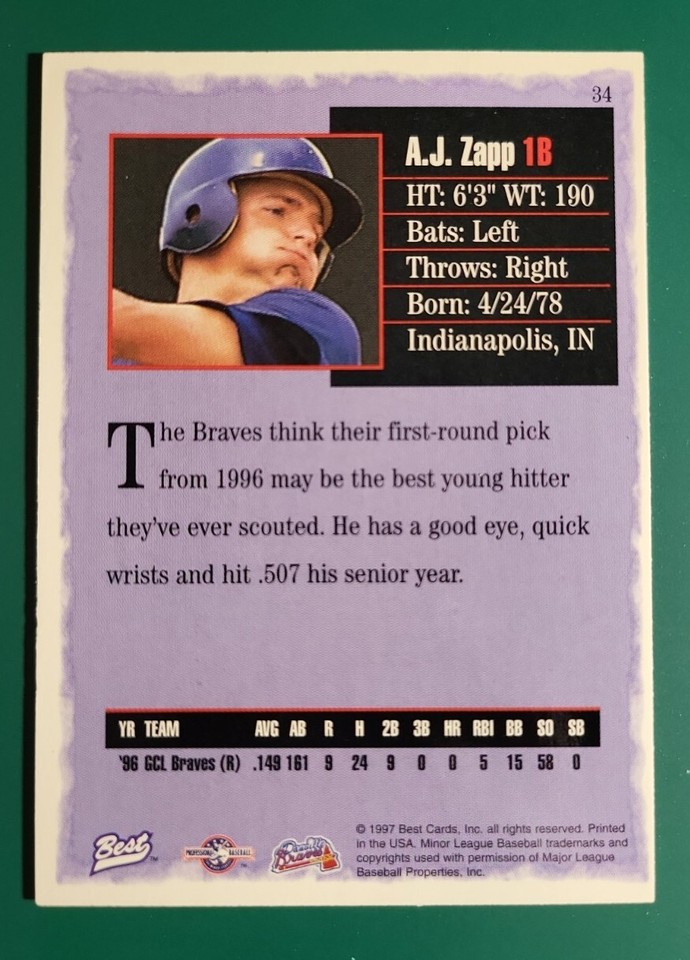 1997 Best AJ Zapp 34 Rookie RC Atlanta Danville Braves Baseball Card | eBay