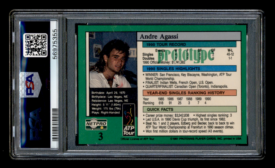 56975355 1991 NetPro Tour Stars Andre Agassi Prototype Rookie RC #3 PSA ...