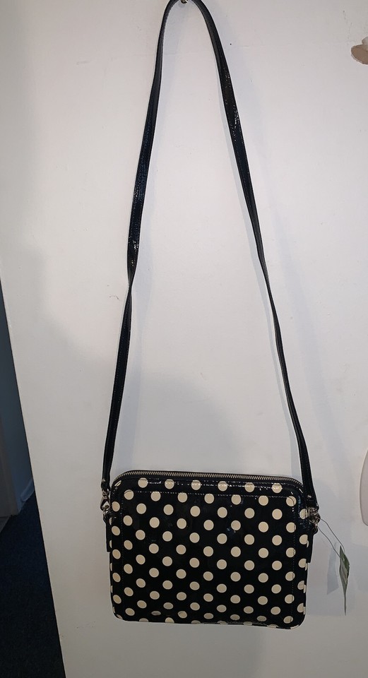 NEW KATE SPATE BLACK & IVORY PATENT POLKA DOT CROSSBODY BAG | eBay