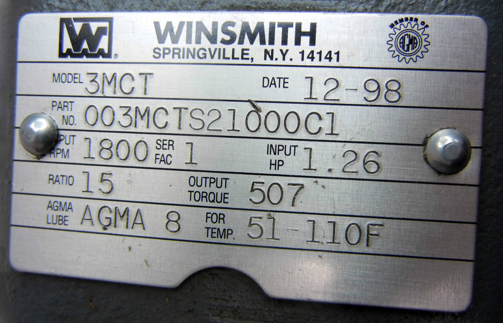 TORQUE SYSTEMS 3/4 HP 5370 DC SERVO MOTOR w/ WINSMITH 3MCT GEAR REDUCER ...