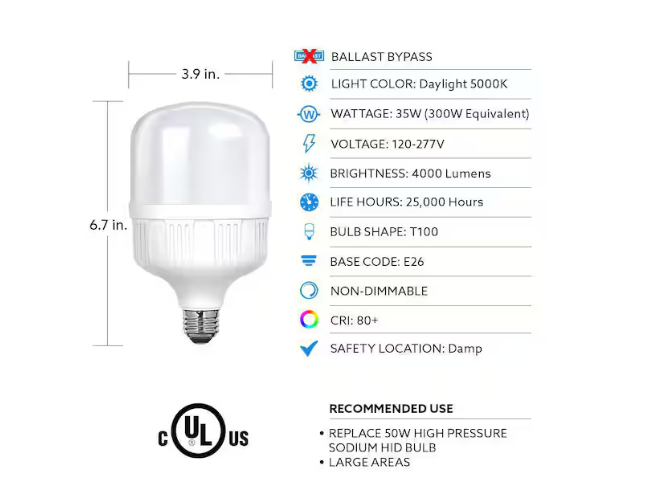 Feit Electric 300W Equivalent HID LED Utility Light Bulb Daylight 5000K ...