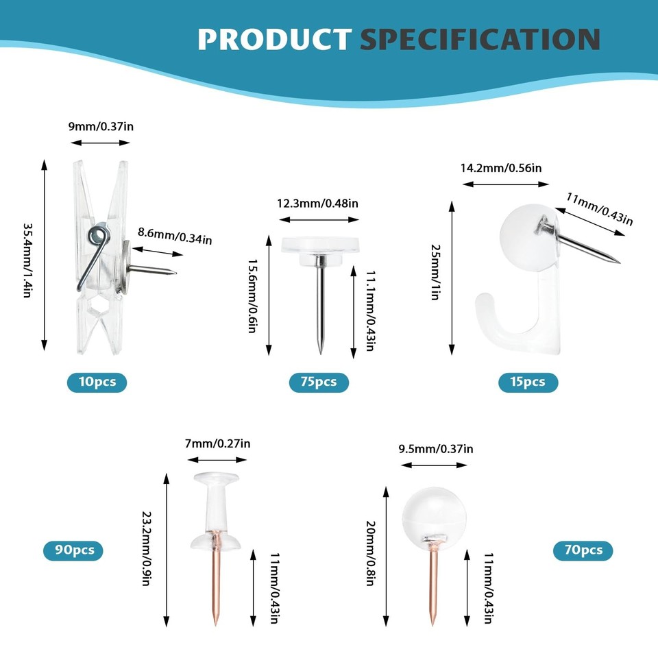 260 Pcs Push Pins Set 5 Styles Clear Thumb Tacks Map Pins Assorted Push ...