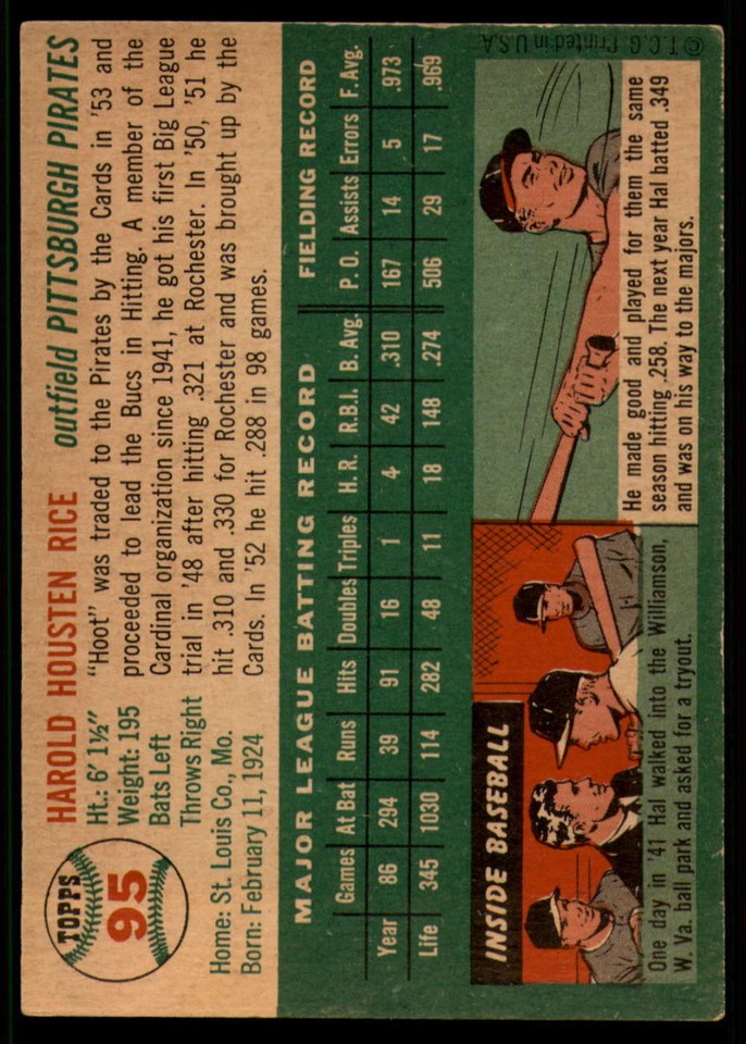 1954 Topps #95 Hal Rice EX/NM Pirates ID:55565 | eBay