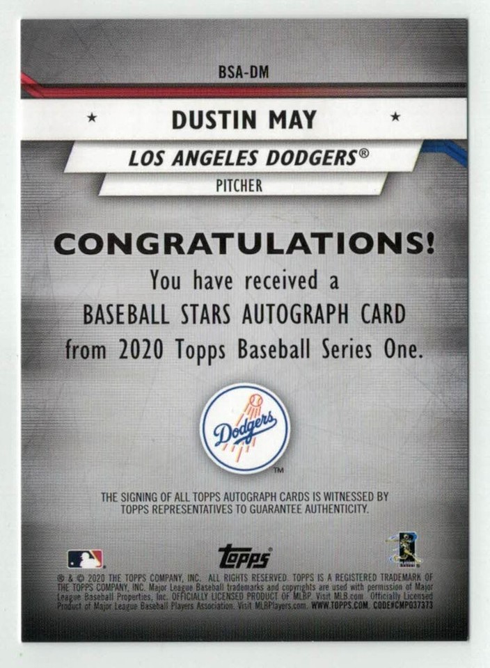 2020 Topps DUSTIN MAY Baseball Stars AUTO Rookie BDA-DM AUTOGRAPH ...