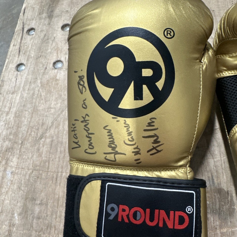 9ROUND GOLD BOXING GLOVES SIGNED Katie Congrats On 50s Unknown Boxer | eBay
